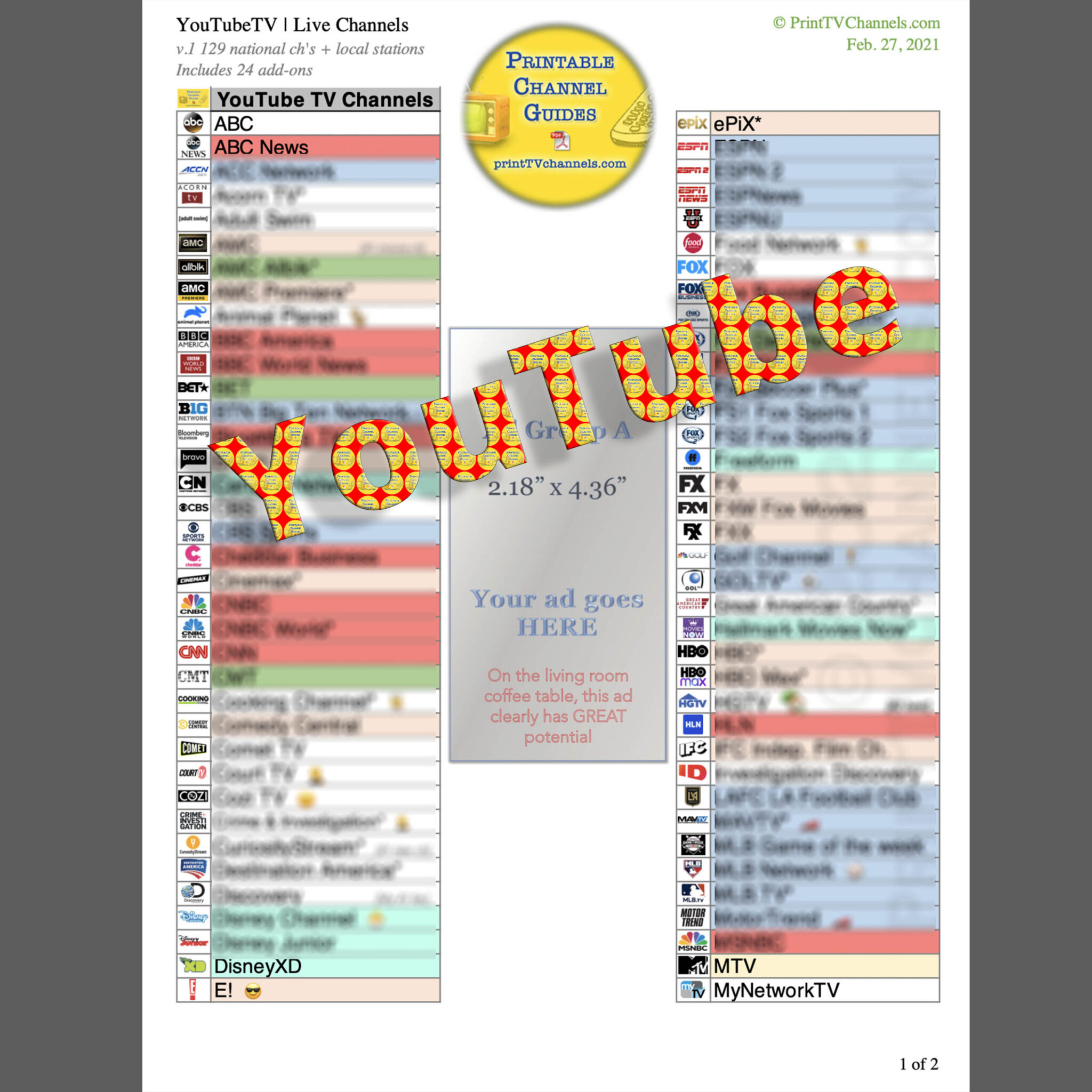 Youtube Tv Channel Lineup Printable Youtube Tv Channel Lineup Printable